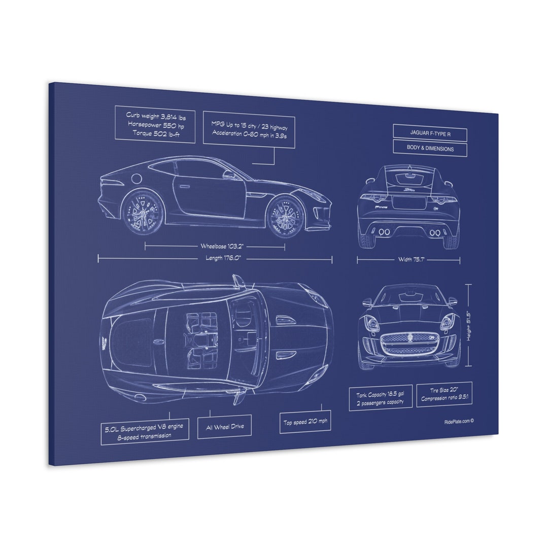 Jaguar F Type R Blueprint Canvas in Blue | 2014 - 2020 | Gift for Him ...