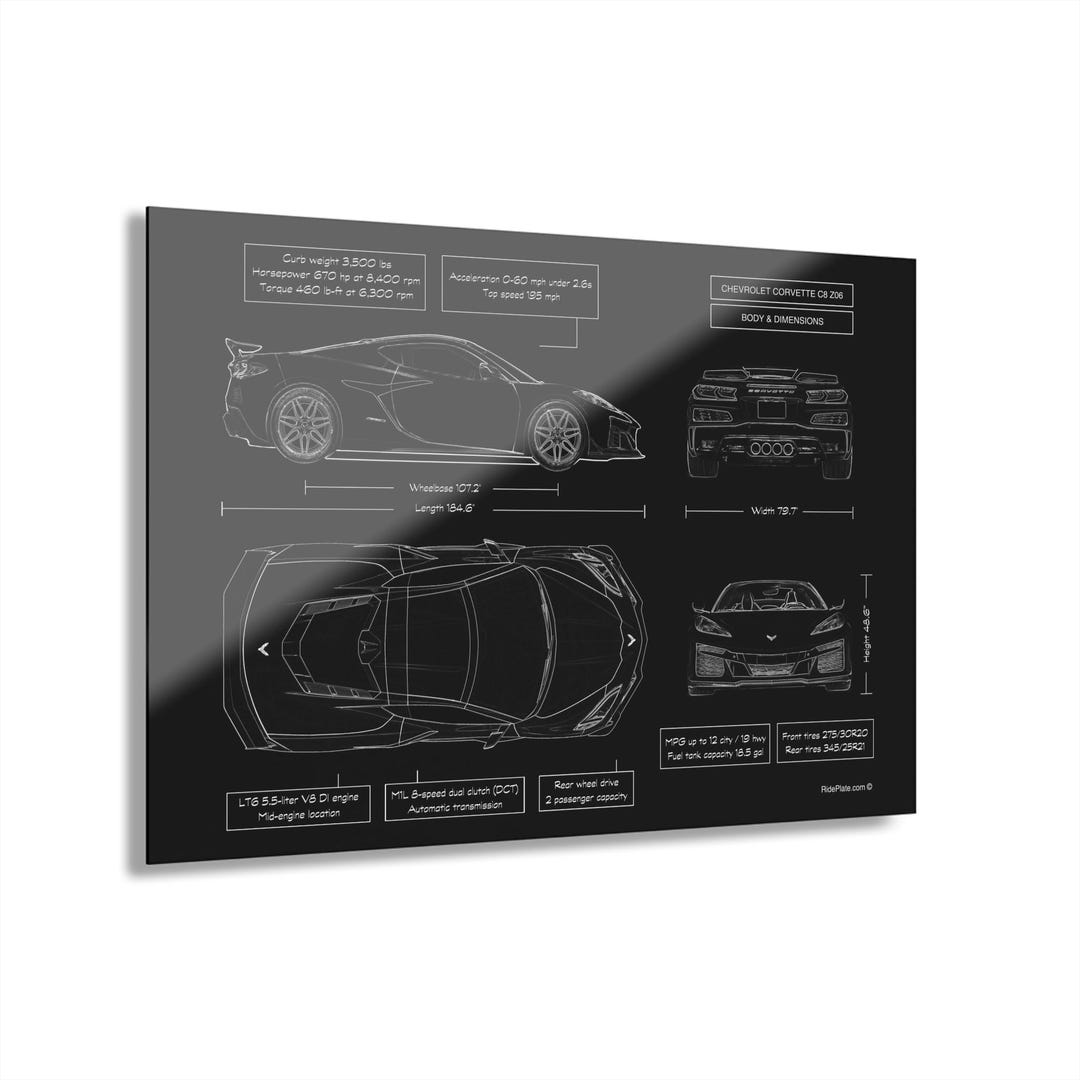 Corvette C8 Z06 Coupe Blueprint Acrylic Poster in Black | 2022 - 2025 ...