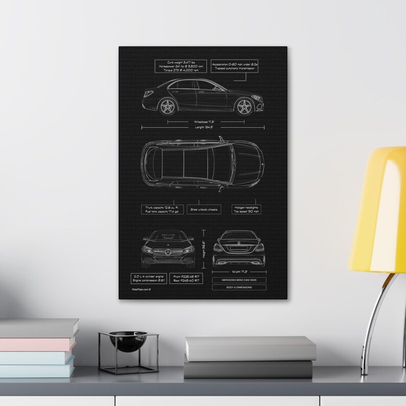 Mercedes Benz C300 W205 Portrait Blueprint Canvas in Black | 2014- 2021 ...