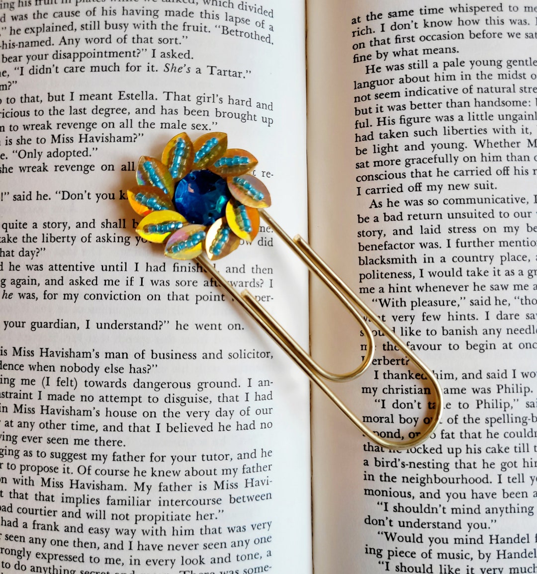 Blue and Gold Gemstone Paper Clip Bookmark; Floral Bookmark ...