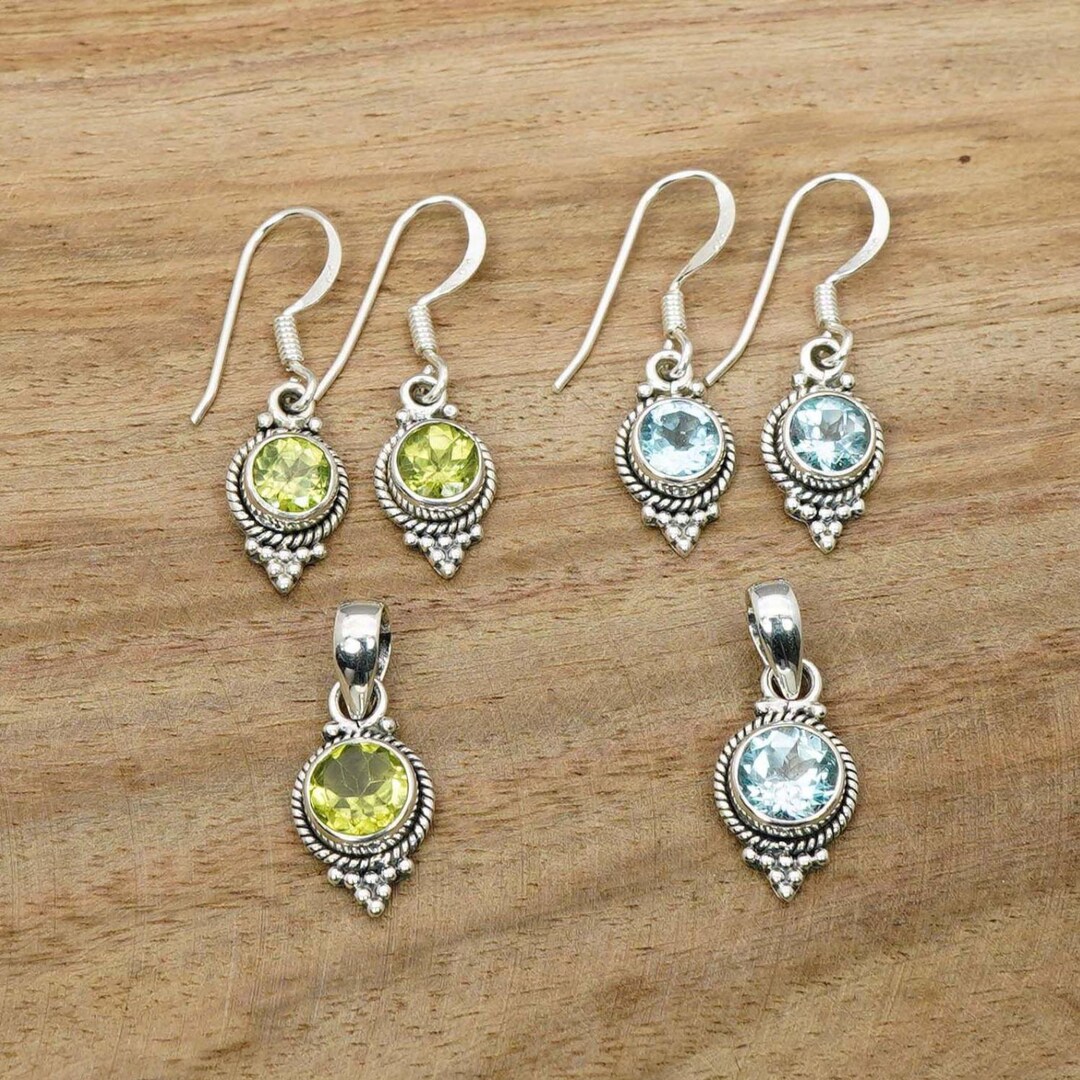925 Sterling Silver Round Gemstone Set, Handmade Earrings & Matching ...