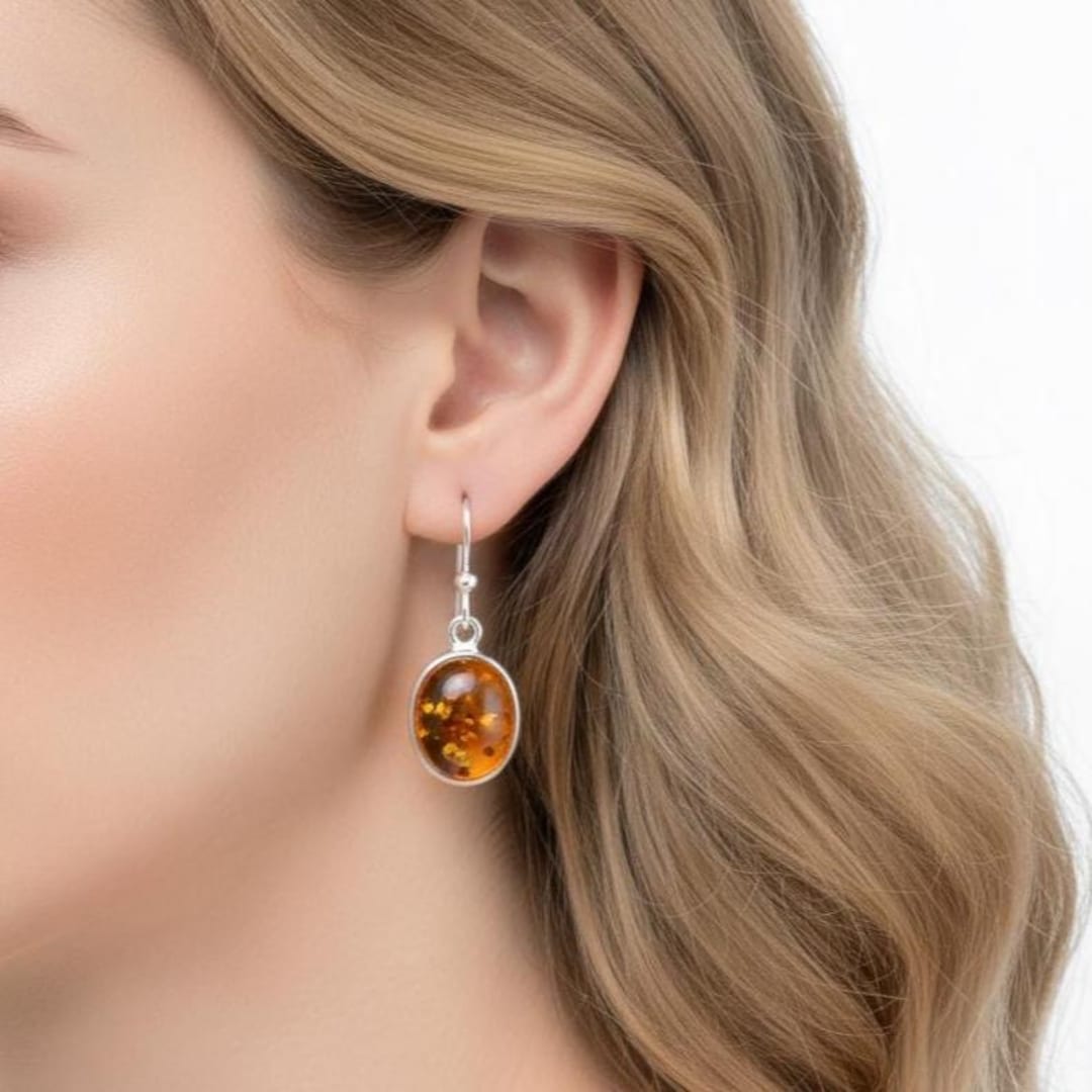 Gele amber sterlingzilveren haakoorbellen: handgemaakte ovale edelsteen ...