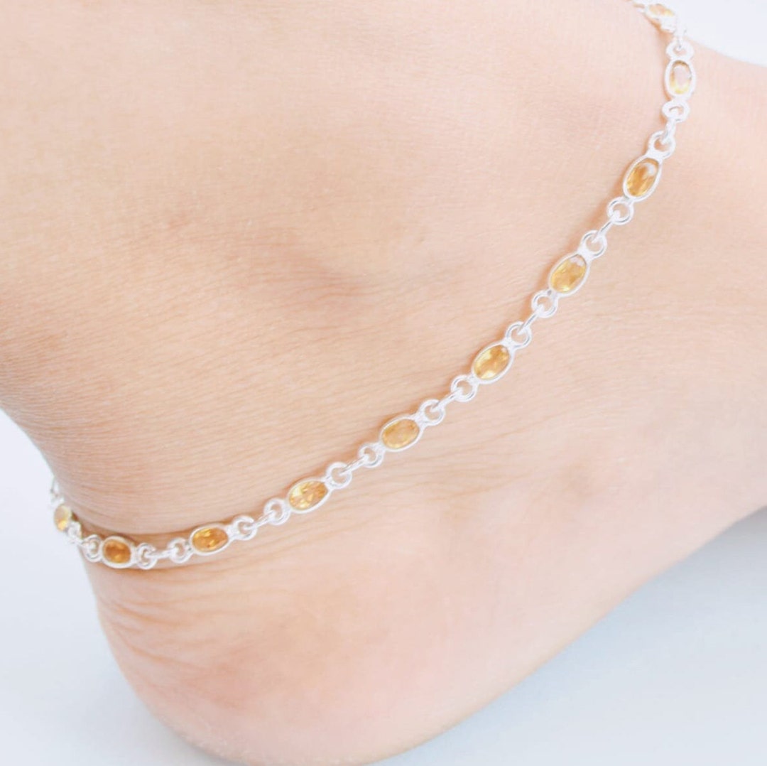 Yellow Citrine Anklet 925 Sterling Silver Natural Faceted Gemstone ...
