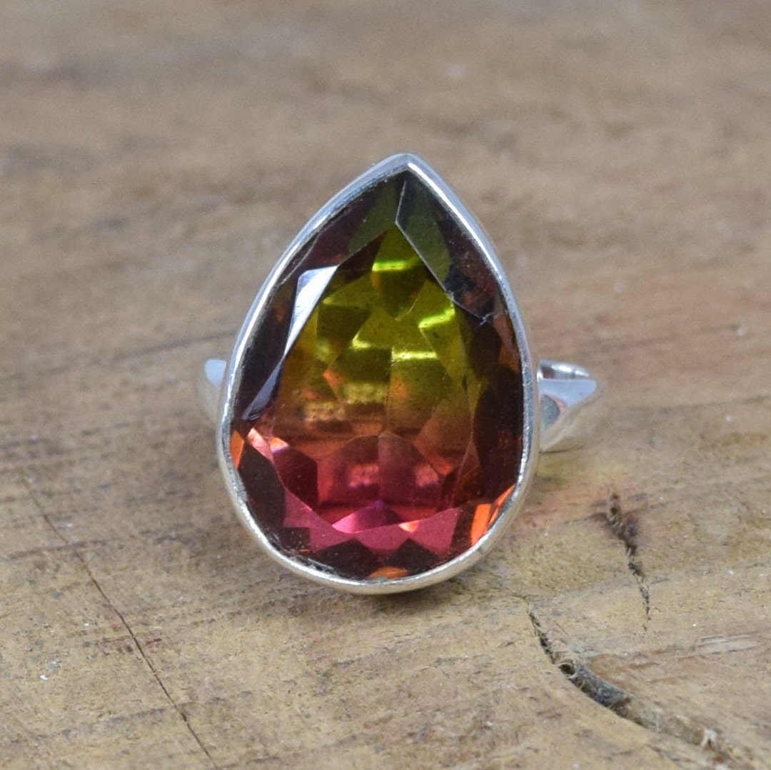 Watermelon Quartz Sterling Silver Ring: Pear Shape Gemstone, Handmade ...