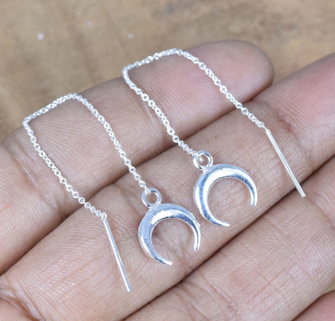 Silver Half Moon Long Bar 925 Sterling Silver Threader Earrings Jewelry ...
