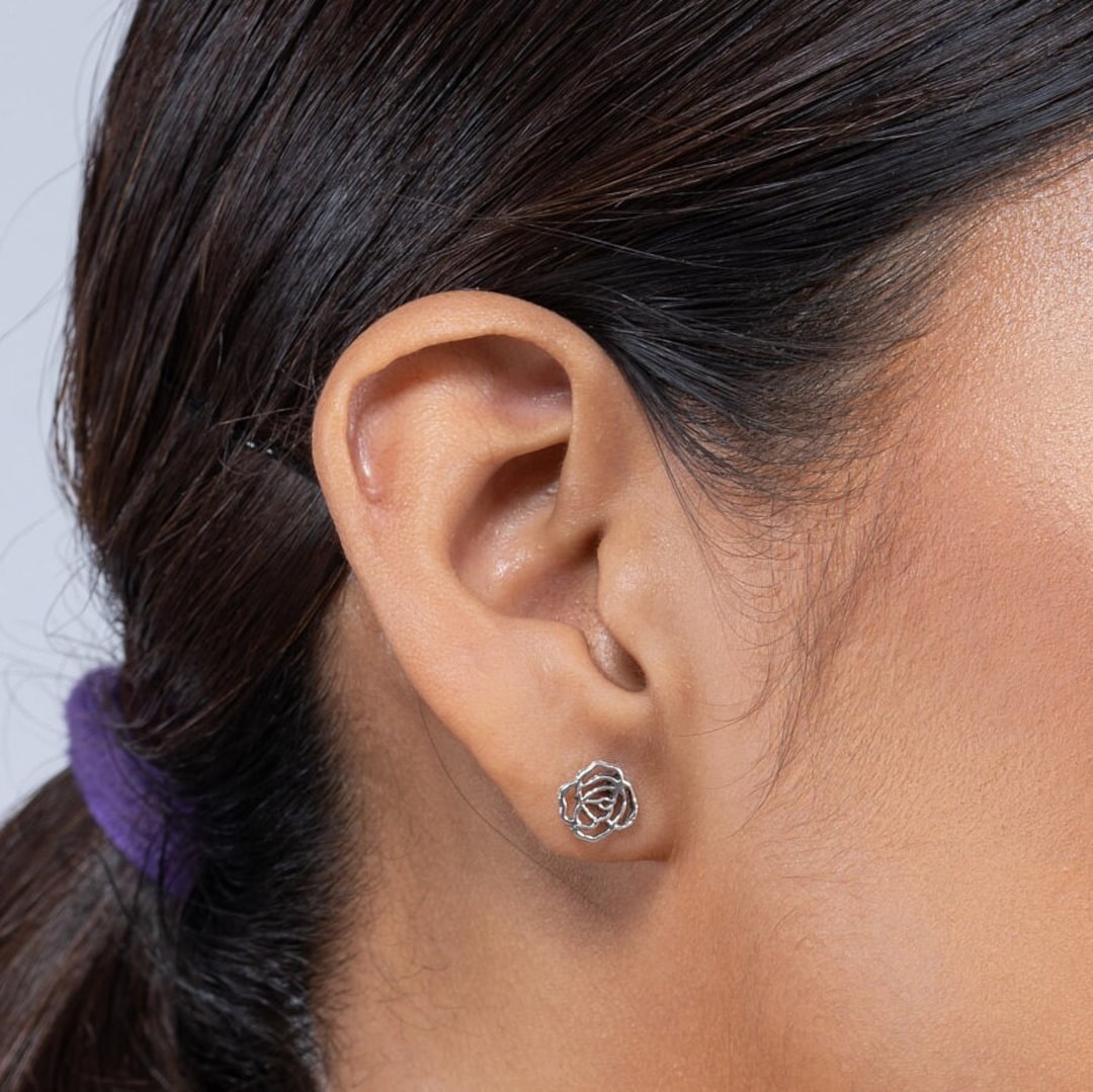 Silver Plain Rose Flower Stud 925 Sterling Silver 1PAIR Stud ~ Handmade ...