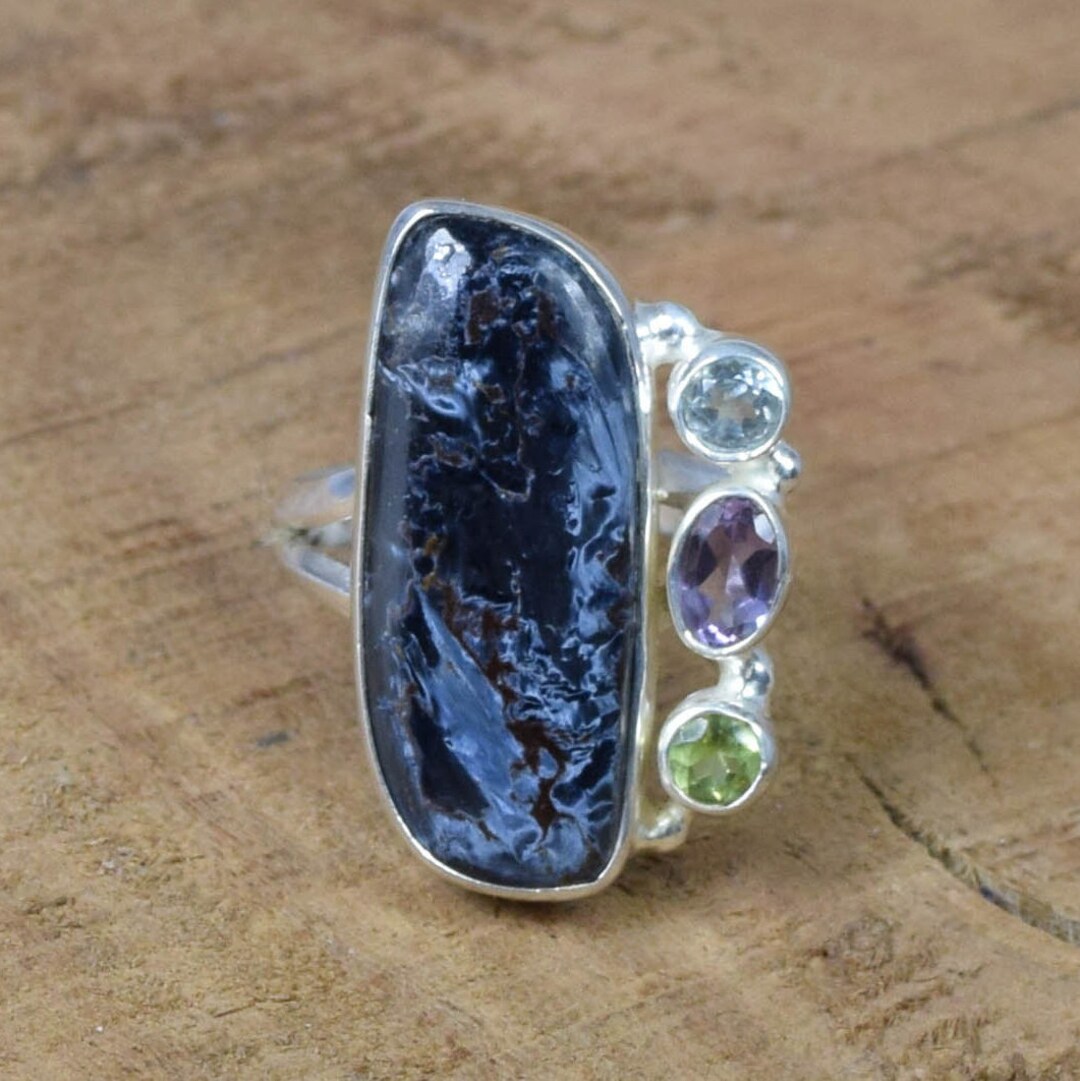 Blue Pietersite 925 Sterling Silver Multi Natural Gemstone Ring ~ Blue ...