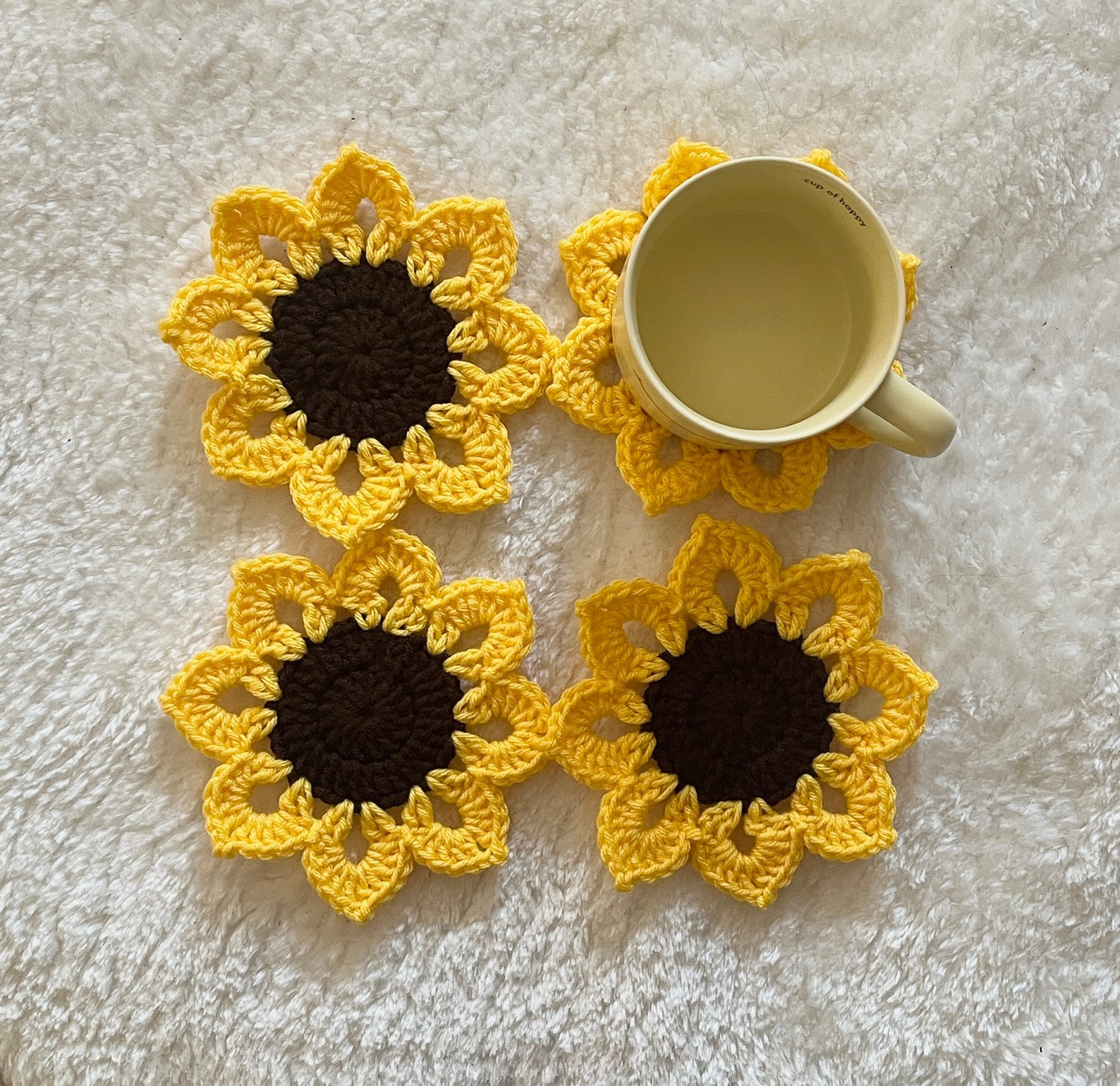 Sunflower Coaster Set, Crochet Sunflower Coasters, Crochet Sunflowers ...