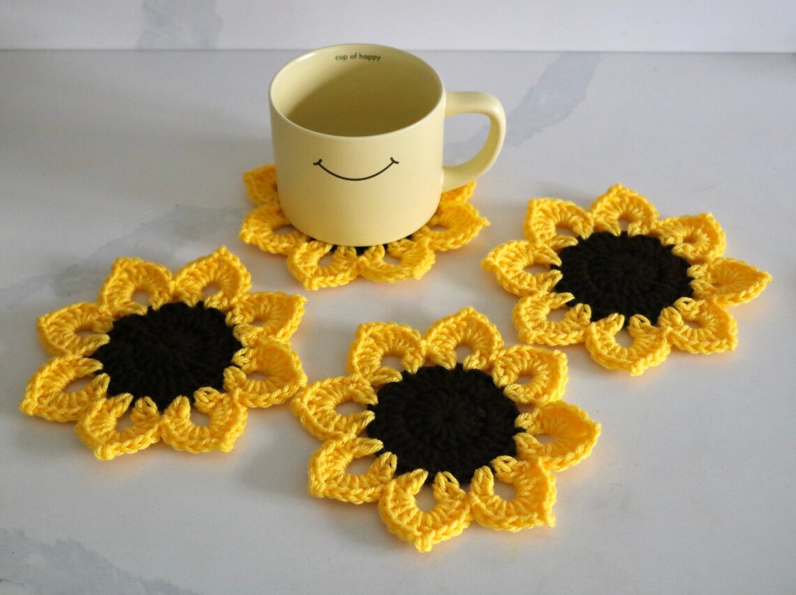 Sunflower Coaster Set, Crochet Sunflower Coasters, Crochet Sunflowers ...