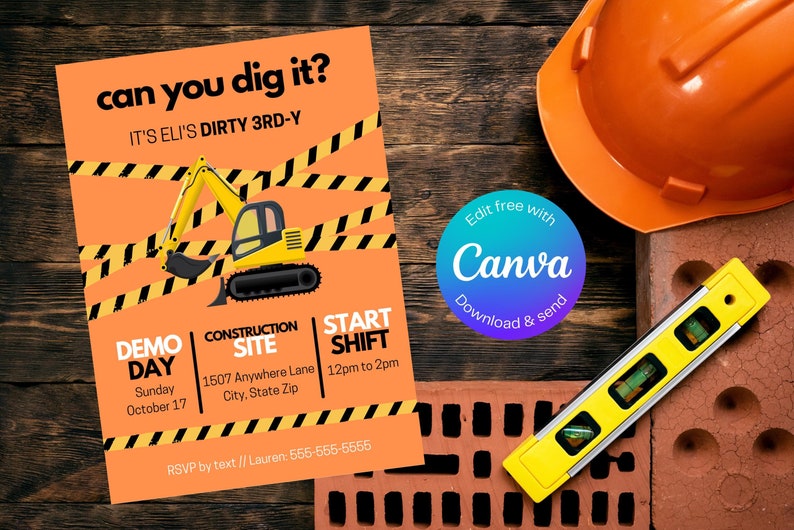 Editable Construction 3rd Birthday Party Invitation, Construction Theme ...