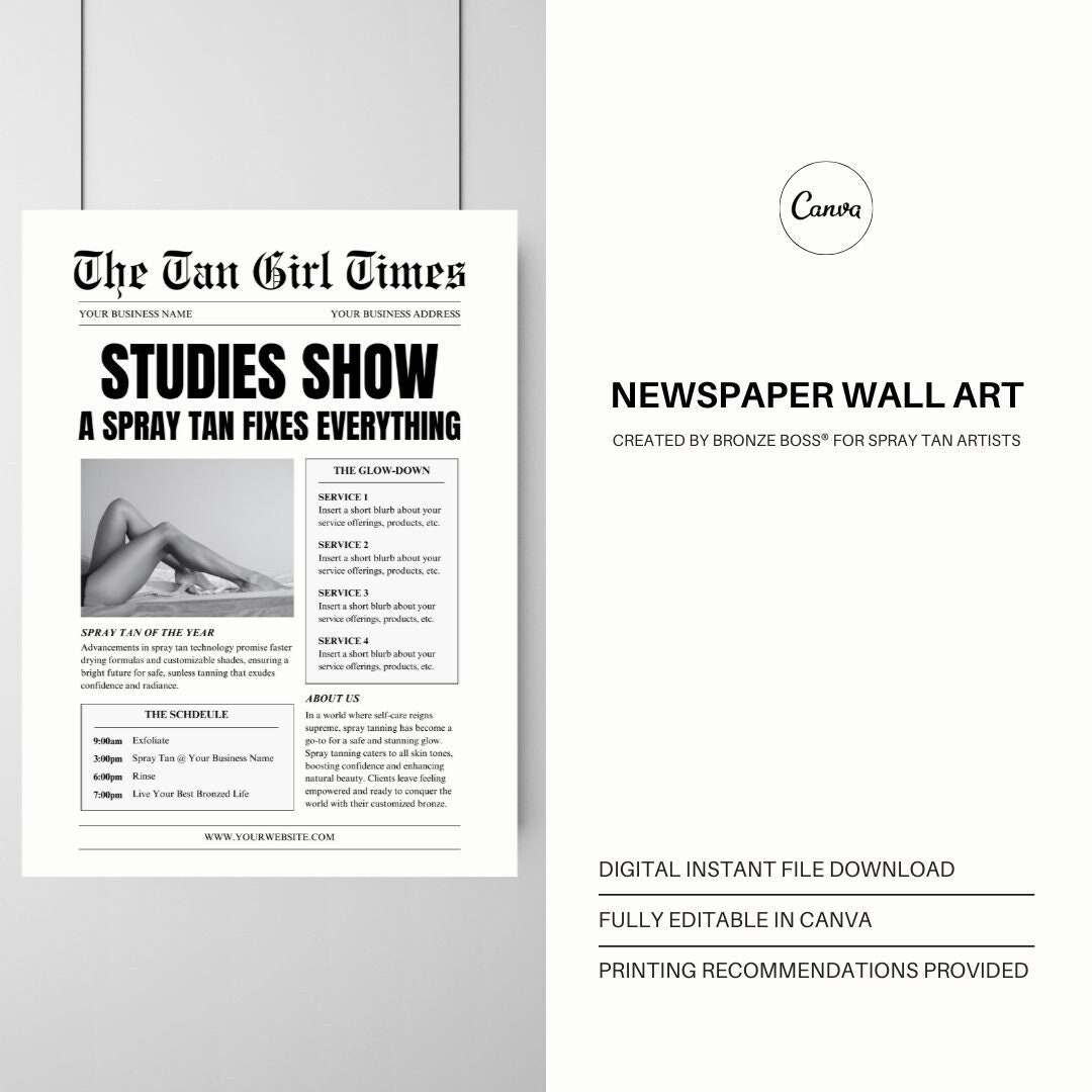 Spray Tan Studio Newspaper Wall Art | Sunless Tanning Editable Canva ...