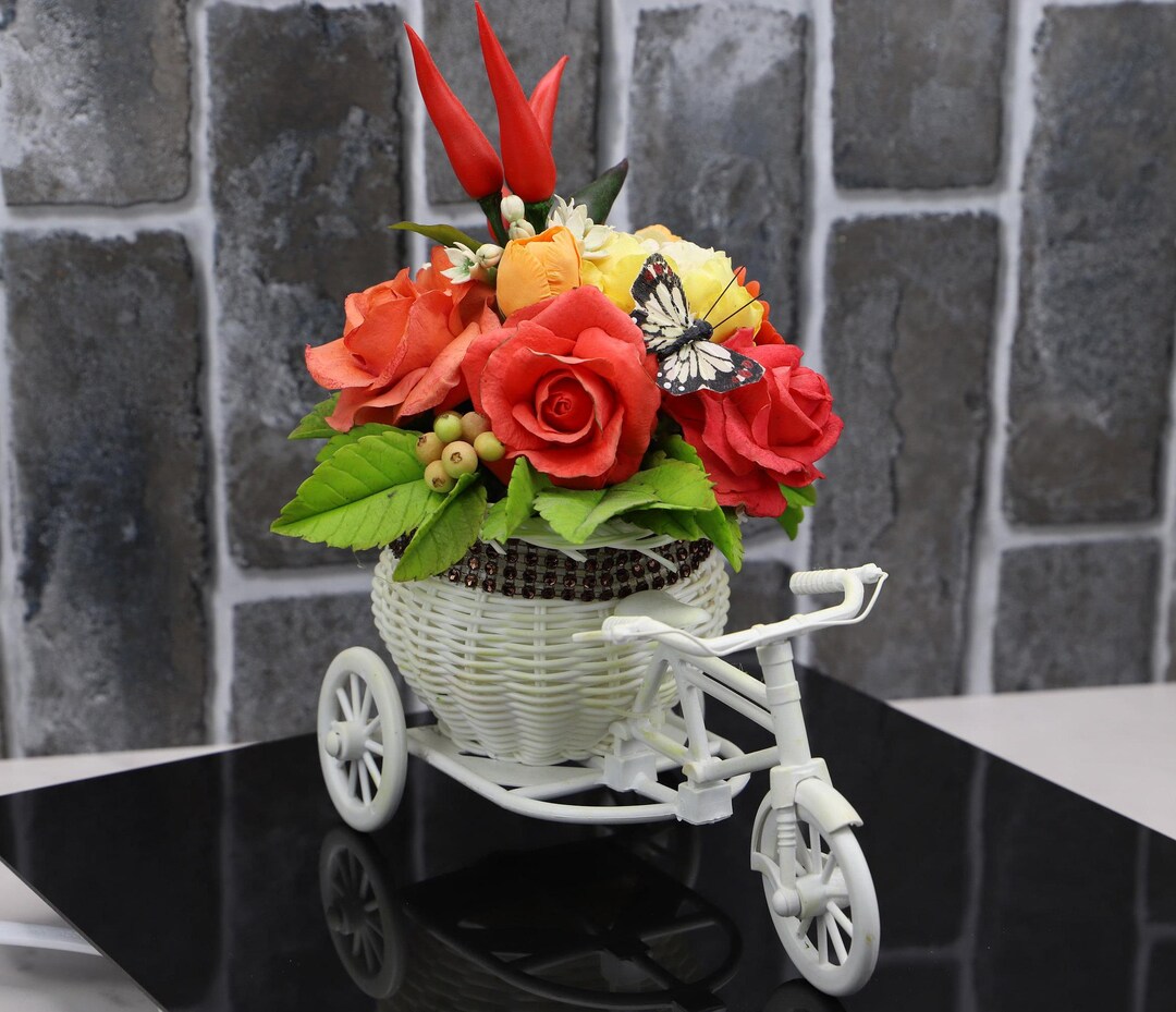 Bicycle Table Centerpiece With Clay Flowers, Handmade Floral ...