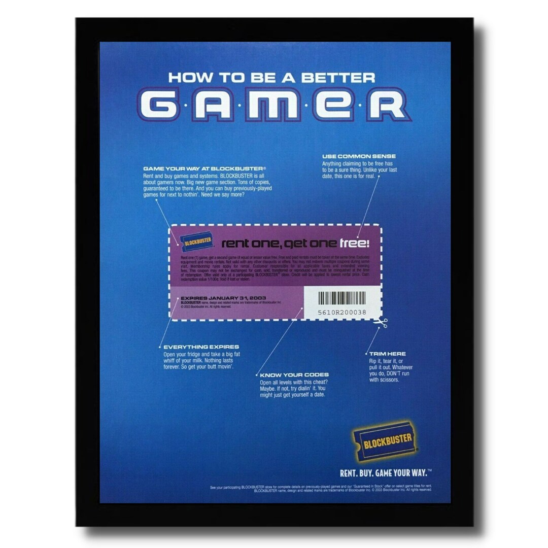 2003 BLOCKBUSTER Gamer Framed Print Ad/poster Video Game Rentals Coupon ...