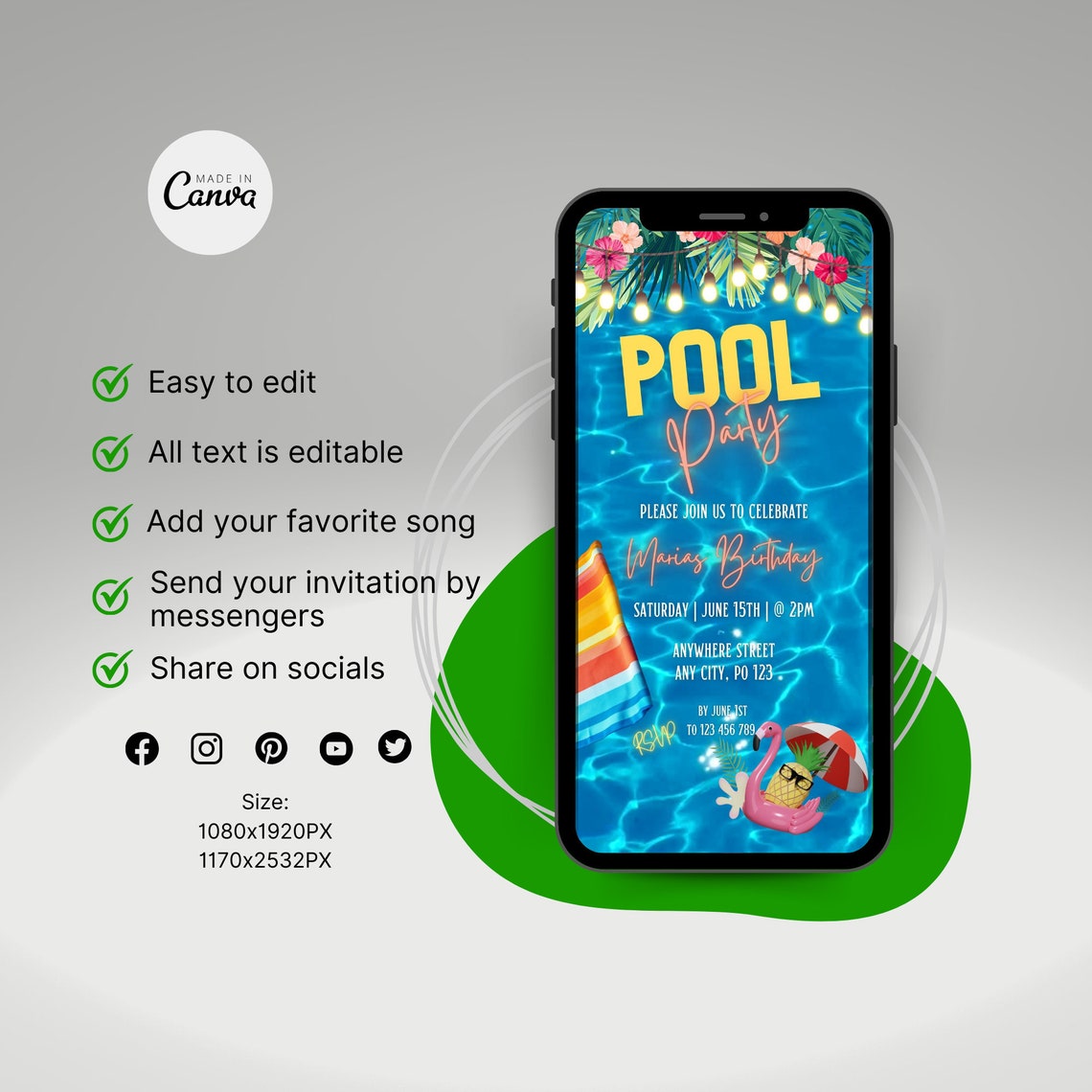 Blue Pool Party Birthday Invitation Animated Neon Beach Theme Tropical ...