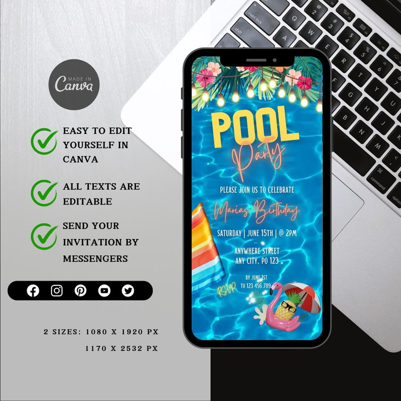 Blue Pool Party Birthday Invitation Animated Neon Beach Theme Tropical ...