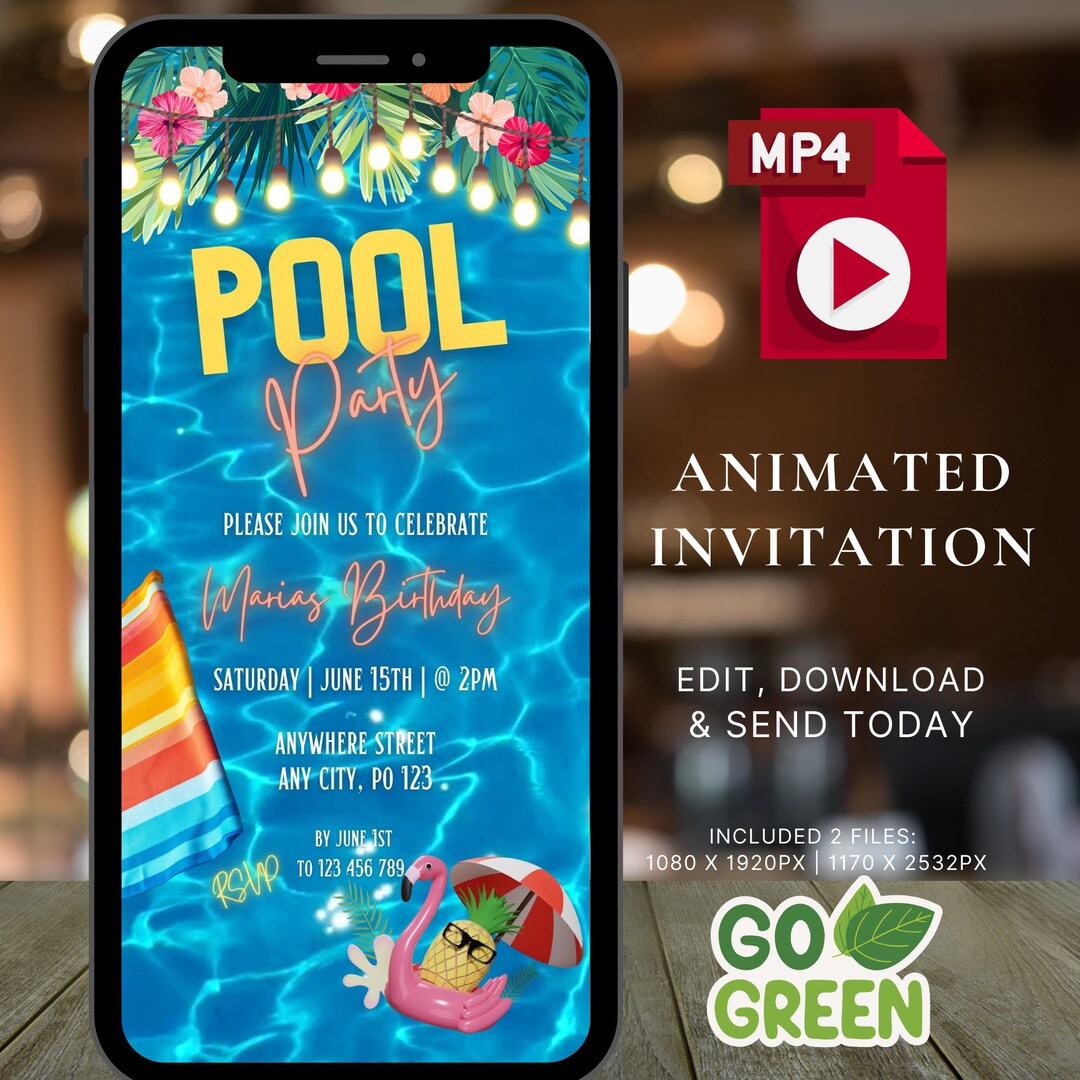 Blue Pool Party Birthday Invitation Animated Neon Beach Theme Tropical ...