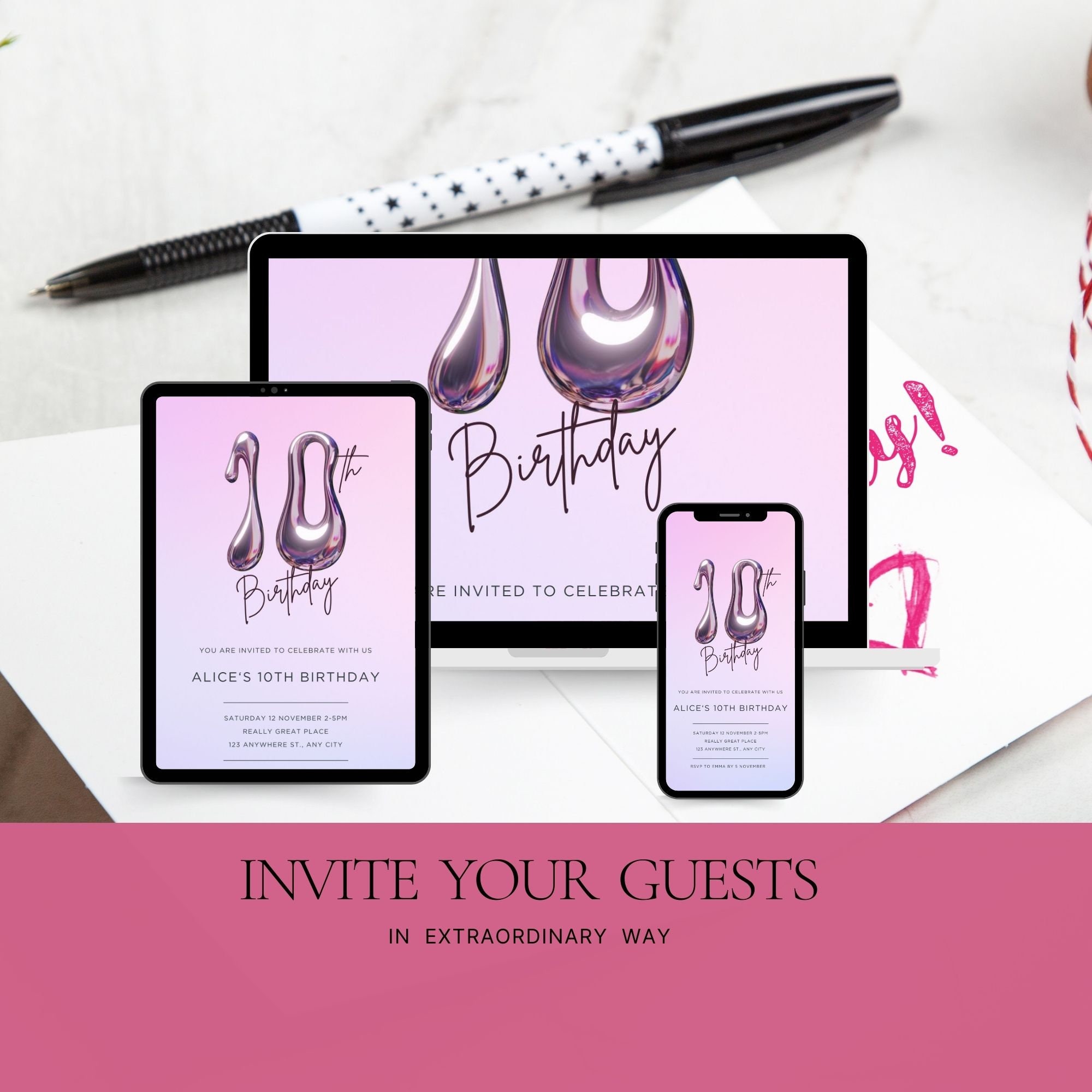 Digital Birthday Party Invitation Editable Phone Invite Smartphone 10th ...