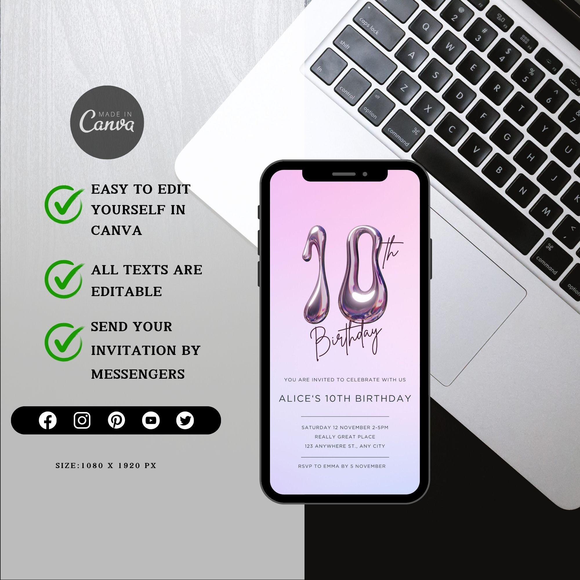 Digital Birthday Party Invitation Editable Phone Invite Smartphone 10th ...