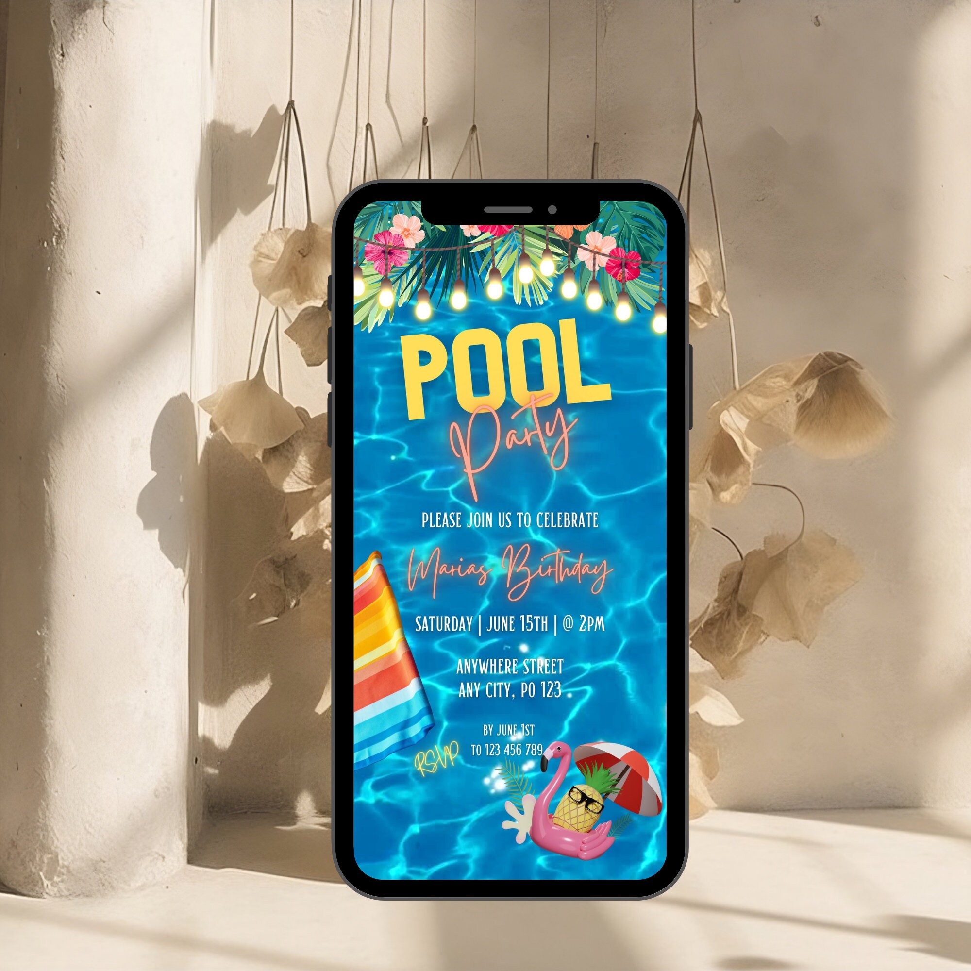 Blue Pool Party Birthday Invitation Animated Neon Beach Theme Tropical ...