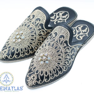 Leather Embroidered Mules for Women, Comfy Black Moccasin Slippers ...