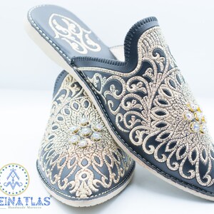 Leather Embroidered Mules for Women, Comfy Black Moccasin Slippers ...