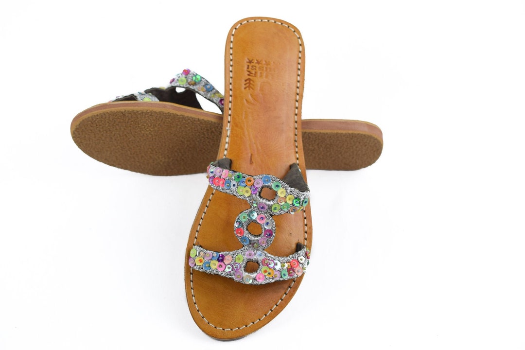 Moroccan Sandals Leather, Berber Sandals, Leather Sequins Flip Flops ...