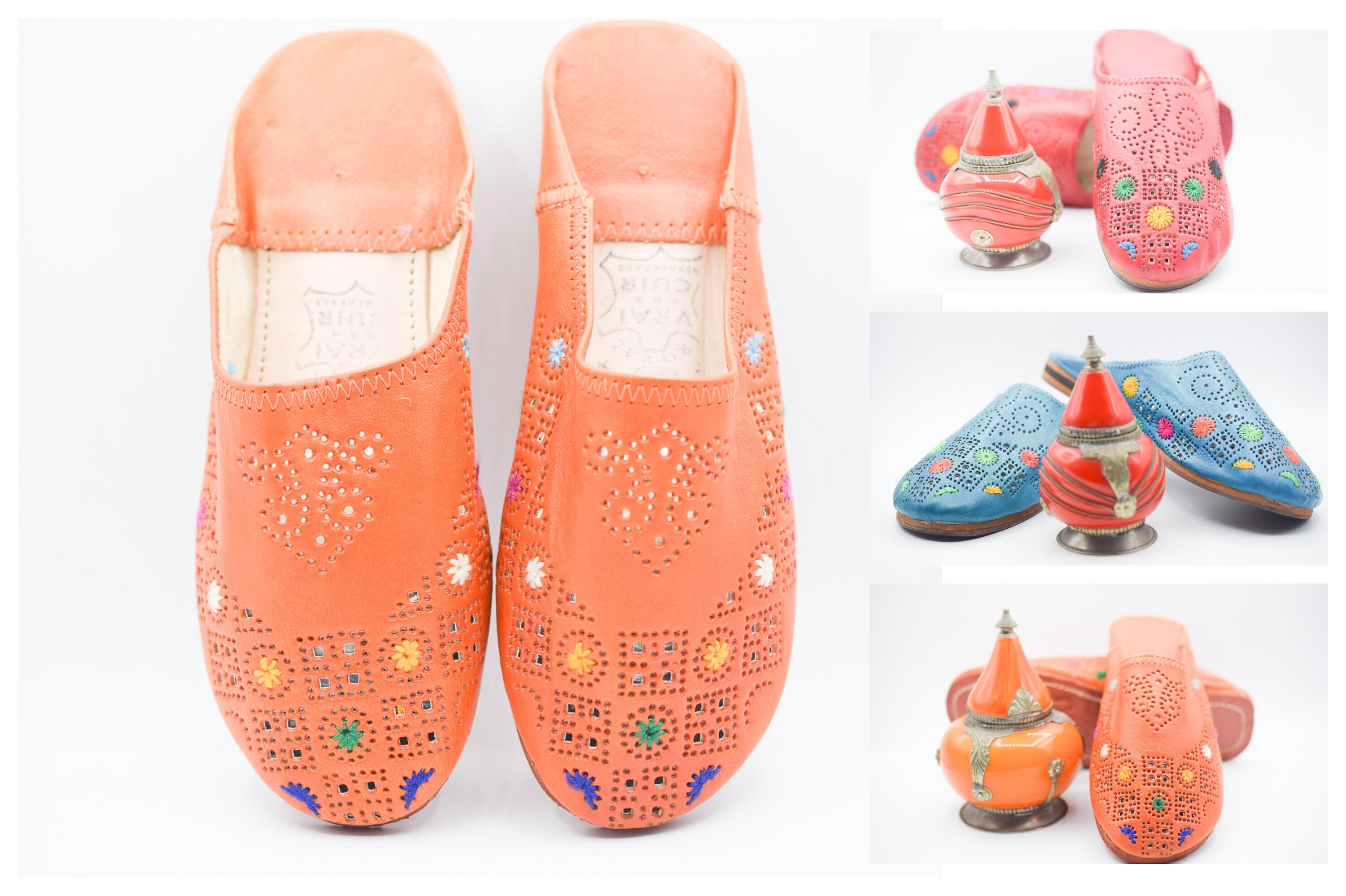 Moroccan Leather Slippers: Women's Floral Mule, Perforated Loafer - Etsy
