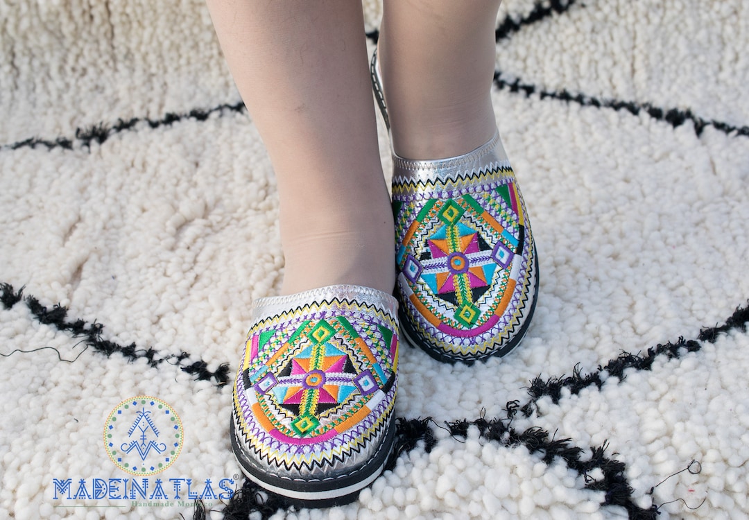 Berber Moroccan Slippers, Embroidered Moroccan Shoes, Moroccan Babouche ...