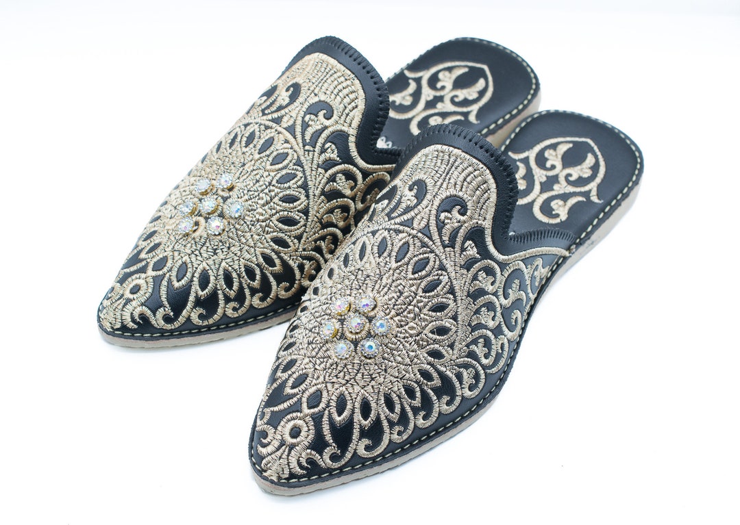 Leather Embroidered Mules for Women, Comfy Black Moccasin Slippers ...