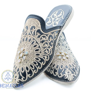 Leather Embroidered Mules for Women, Comfy Black Moccasin Slippers ...