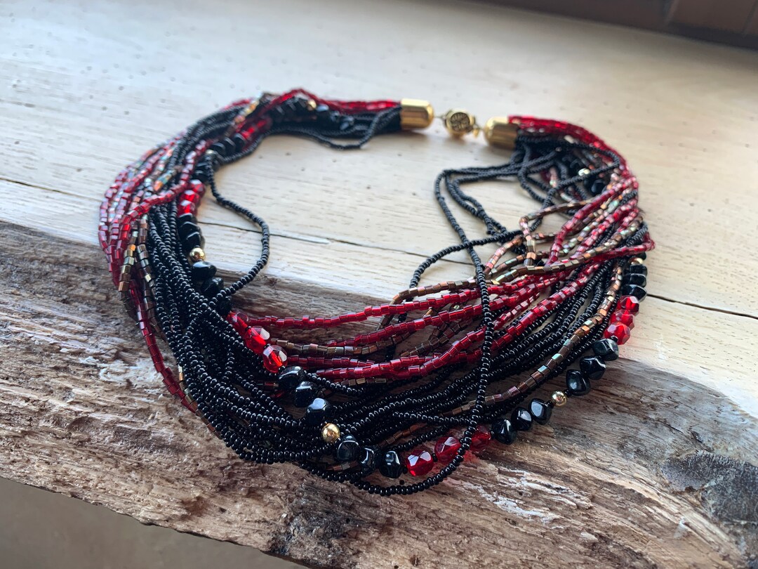 Vintage Red Black Seed Bead Necklace 20 Strands of Tiny Beads. - Etsy
