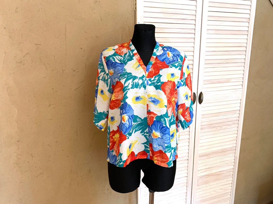 Maximalist 80s Blouse L Shoulder Pads Vintage Flower V Neck Top Size M ...