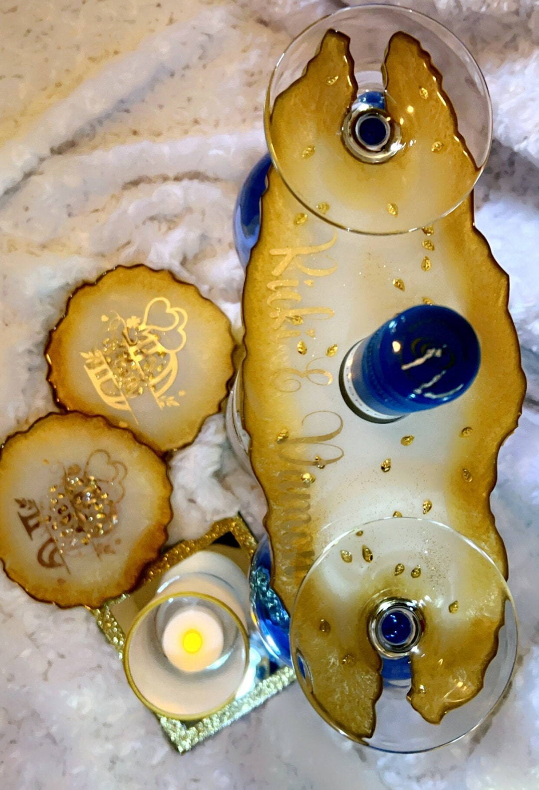 Resin Wine Bottle Holder Butler Caddy Set W/ 2 Coasters, Geode Wine ...