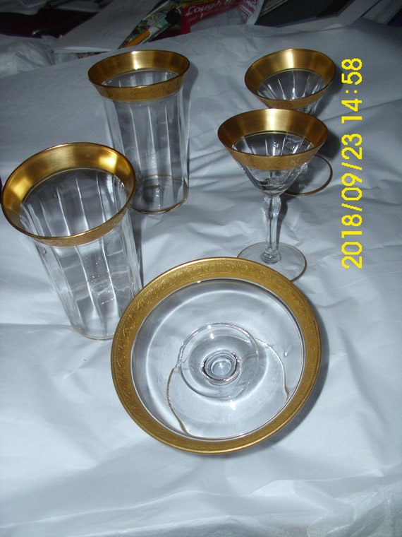 GOLD RIMMED Five Piece Glass Stem Dessert Glasses Estate Find | Etsy