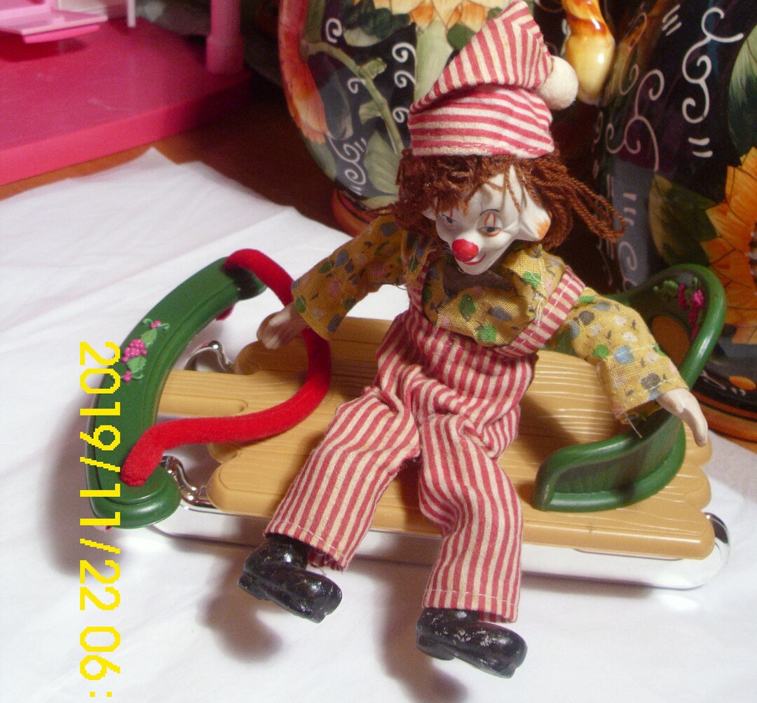 Vintage Ceramic Face Clown Doll on Sled: Bendable Arms, Wool Hair - Etsy