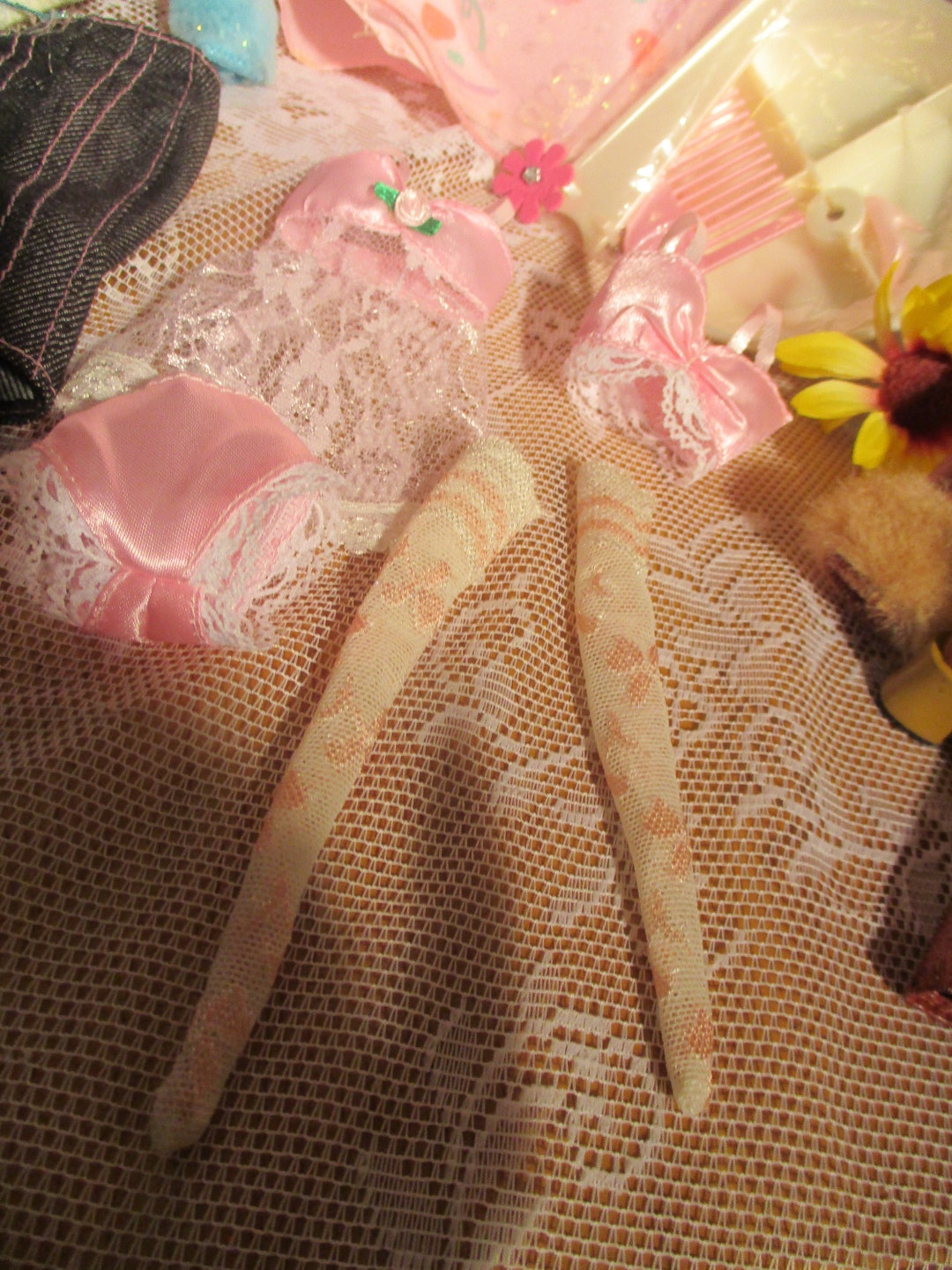 Doll Lingerie Pink Satin and White Lace Slip, Panty, Bra and Pink and ...