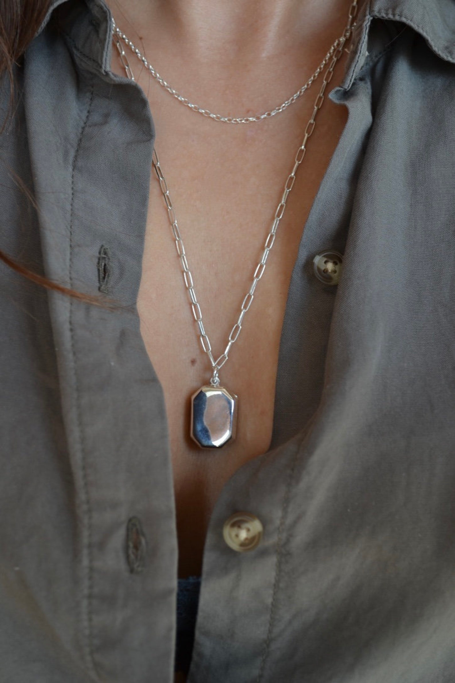 Locket Necklace, Silver Locket, Silver Layering Necklace, Thick Chain ...