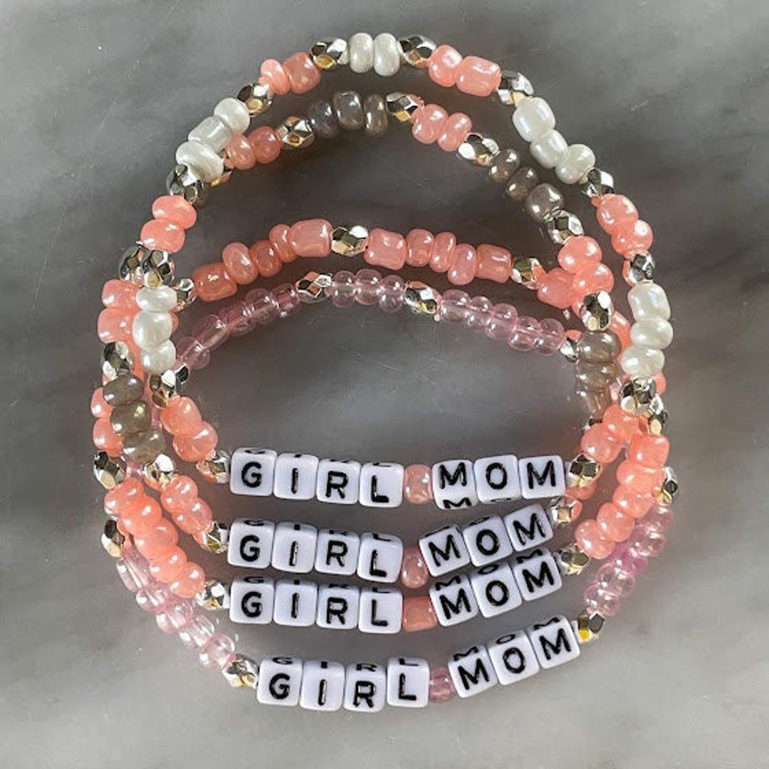 Girl Mom Beaded Elastic Stretch Word Bracelet Pink Beaded - Etsy