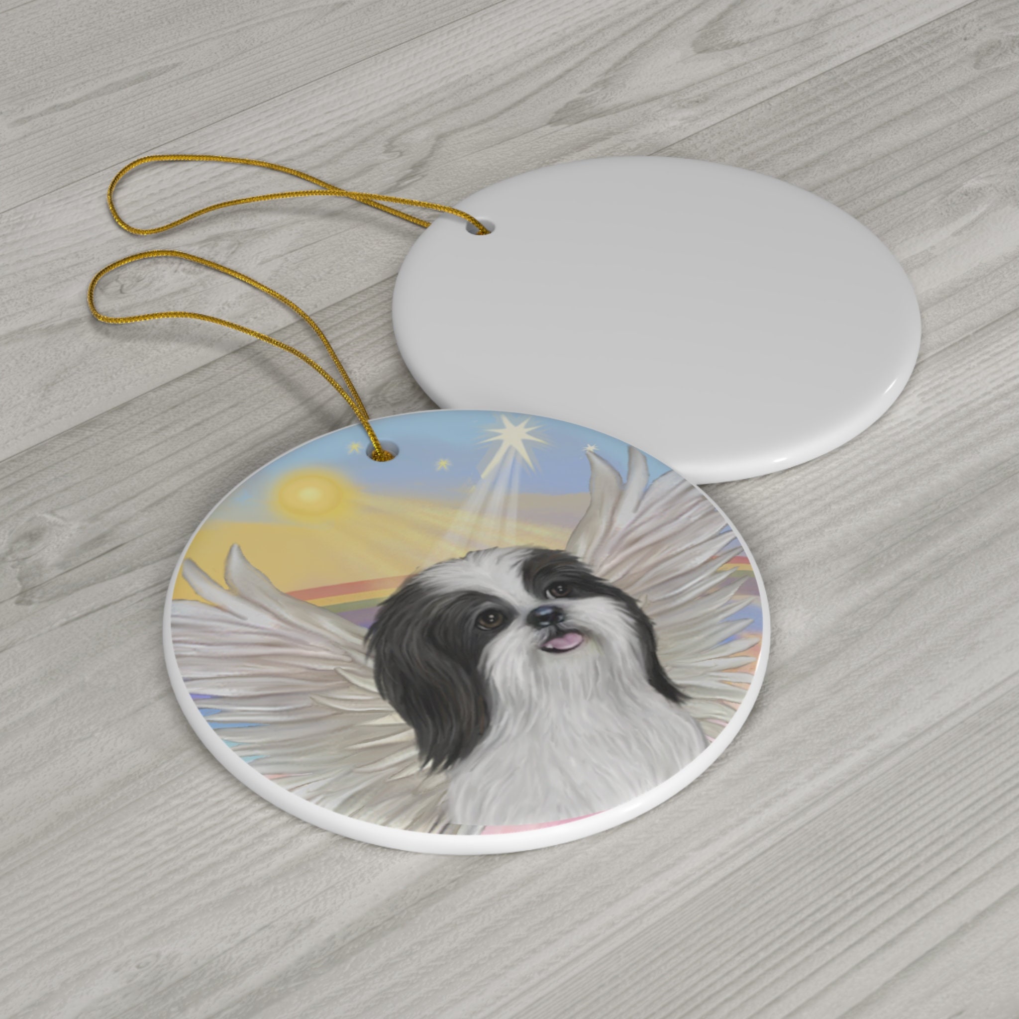 Shih Tzu black-white Angel Rainbow Bridge Heirloom Ceramic Ornament - Etsy