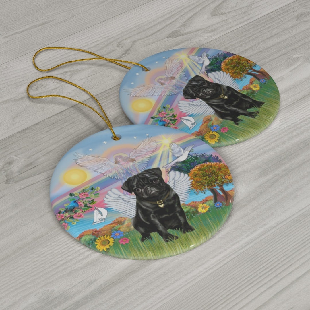 Black Pug in "cloud Angel" Heirloom SINGLE Sided Ceramic Ornament - Etsy