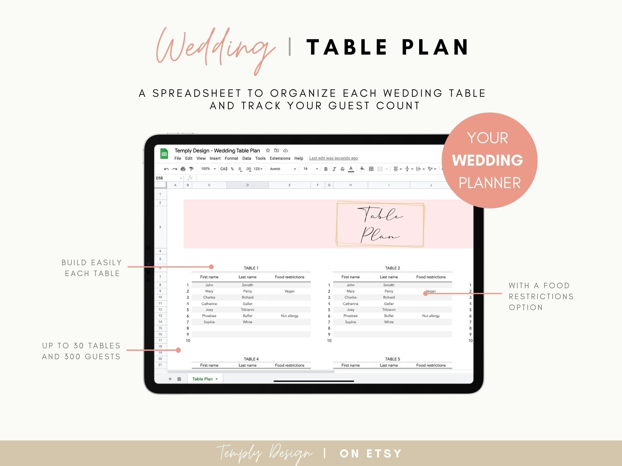 Wedding Seating Chart Spreadsheet, Table Plan Arrangement, Excel and ...