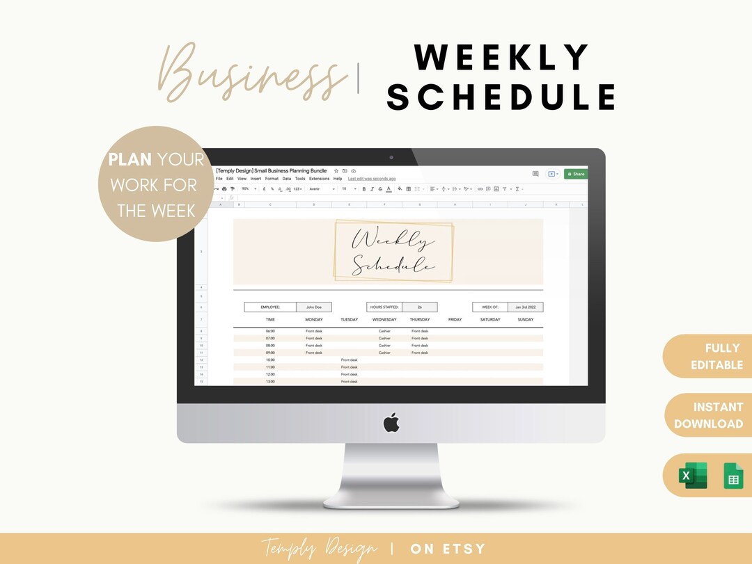 Weekly Employee Schedule, Excel and Google Spreadsheets Digital ...