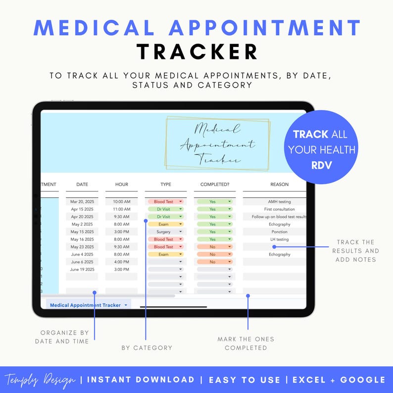 Medical Appointment Tracker, Excel and Google Spreadsheet, Personal ...