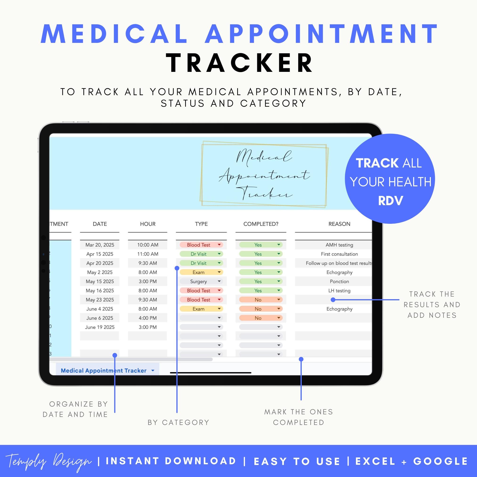 Medical Appointment Tracker, Excel and Google Spreadsheet, Personal ...