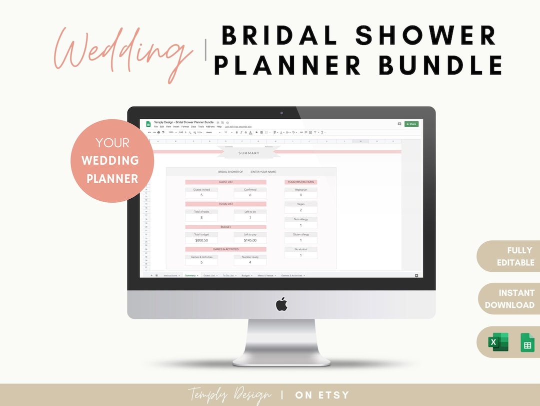 Bridal Shower Excel Planning Bundle, Wedding Excel and Google Planners ...