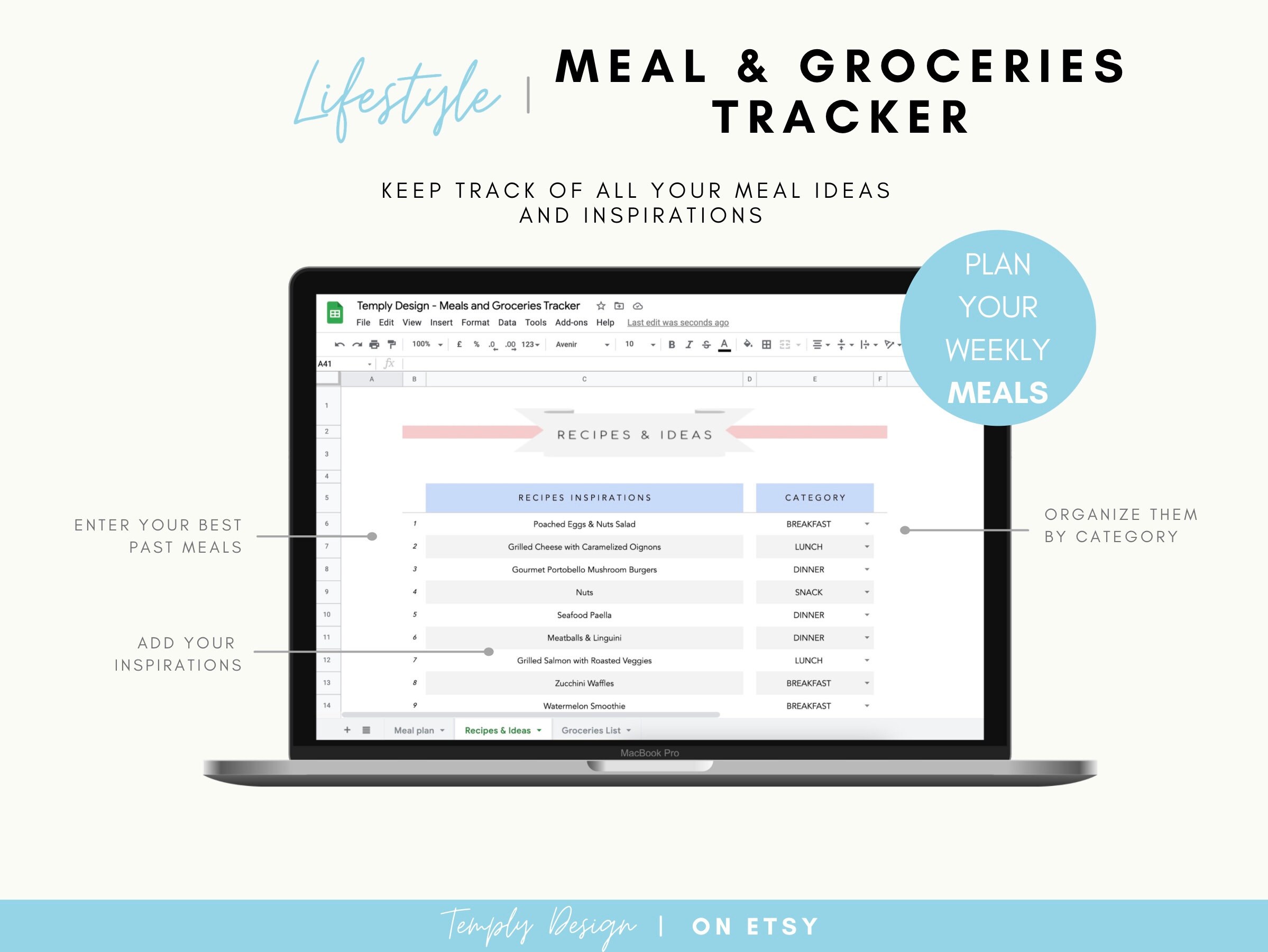 Meals and Groceries Planner Excel Spreadsheet Weekly Meals - Etsy