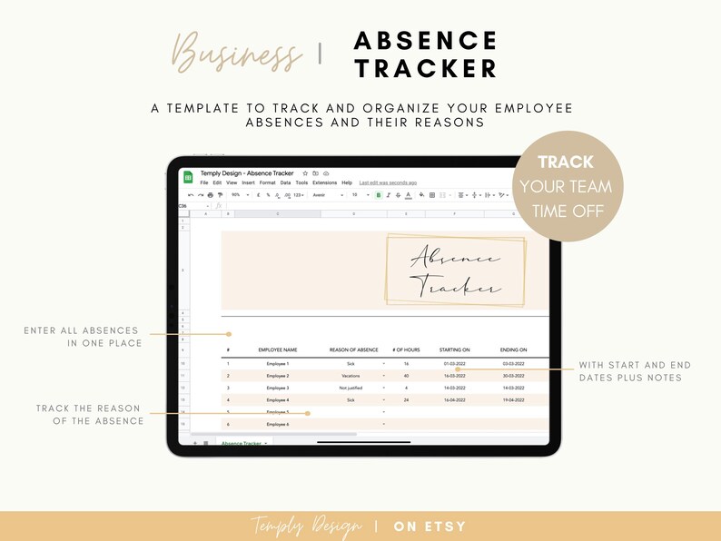 Absence Tracker Excel and Google Spreadsheet, Employee and Staff Time ...