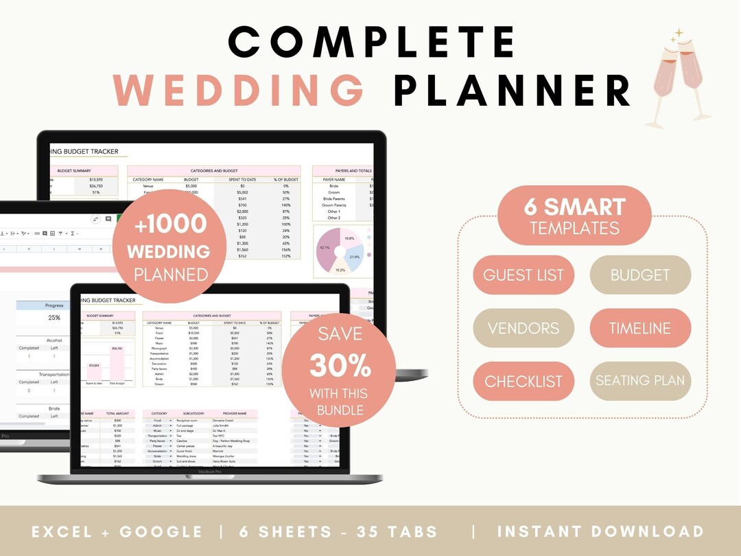 Complete Wedding Planning Bundle 6 Spreadsheets: Budget Planner Guest ...
