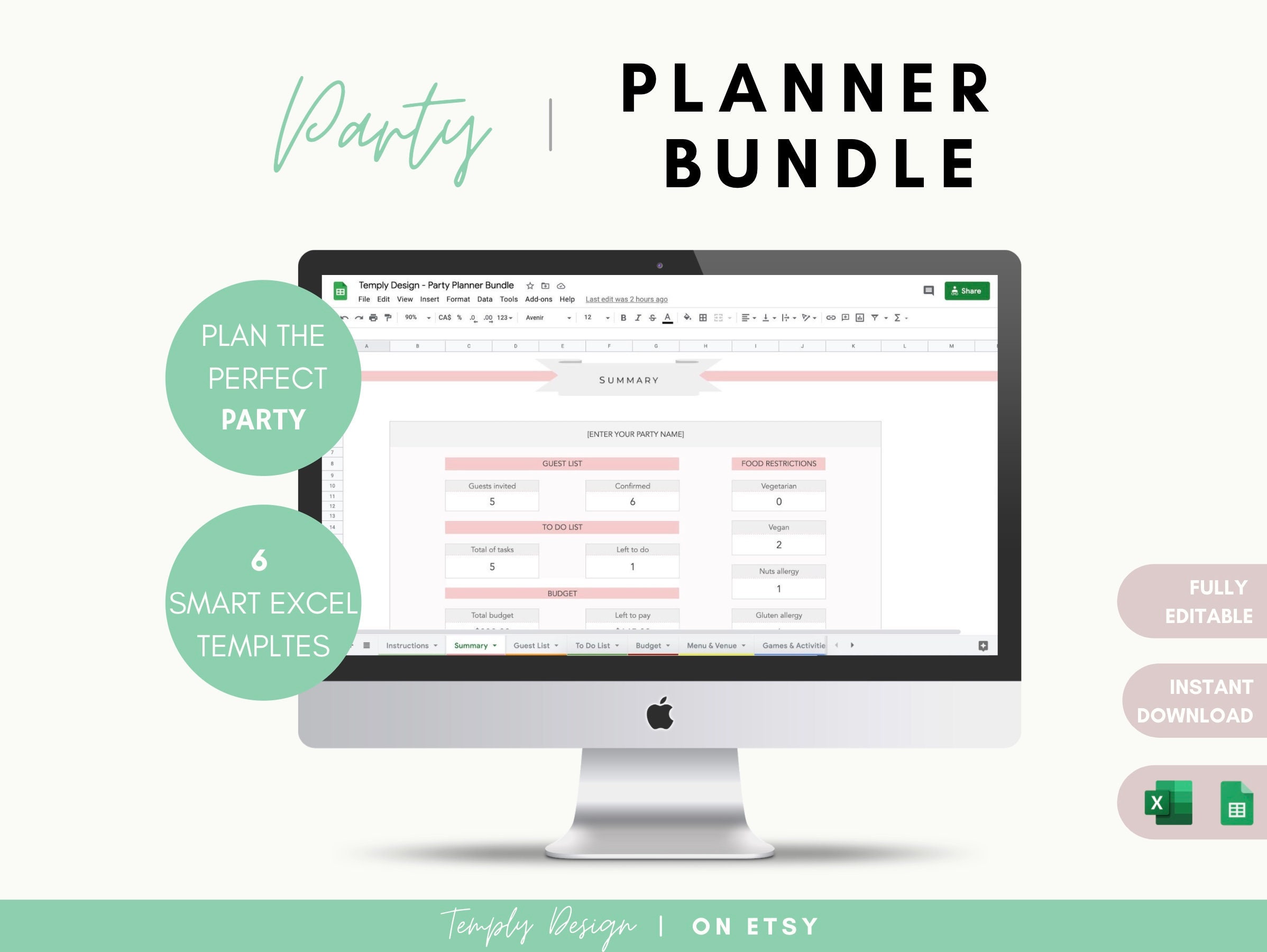 Party Planner Bundle, Excel and Google Spreadsheets, for Events ...