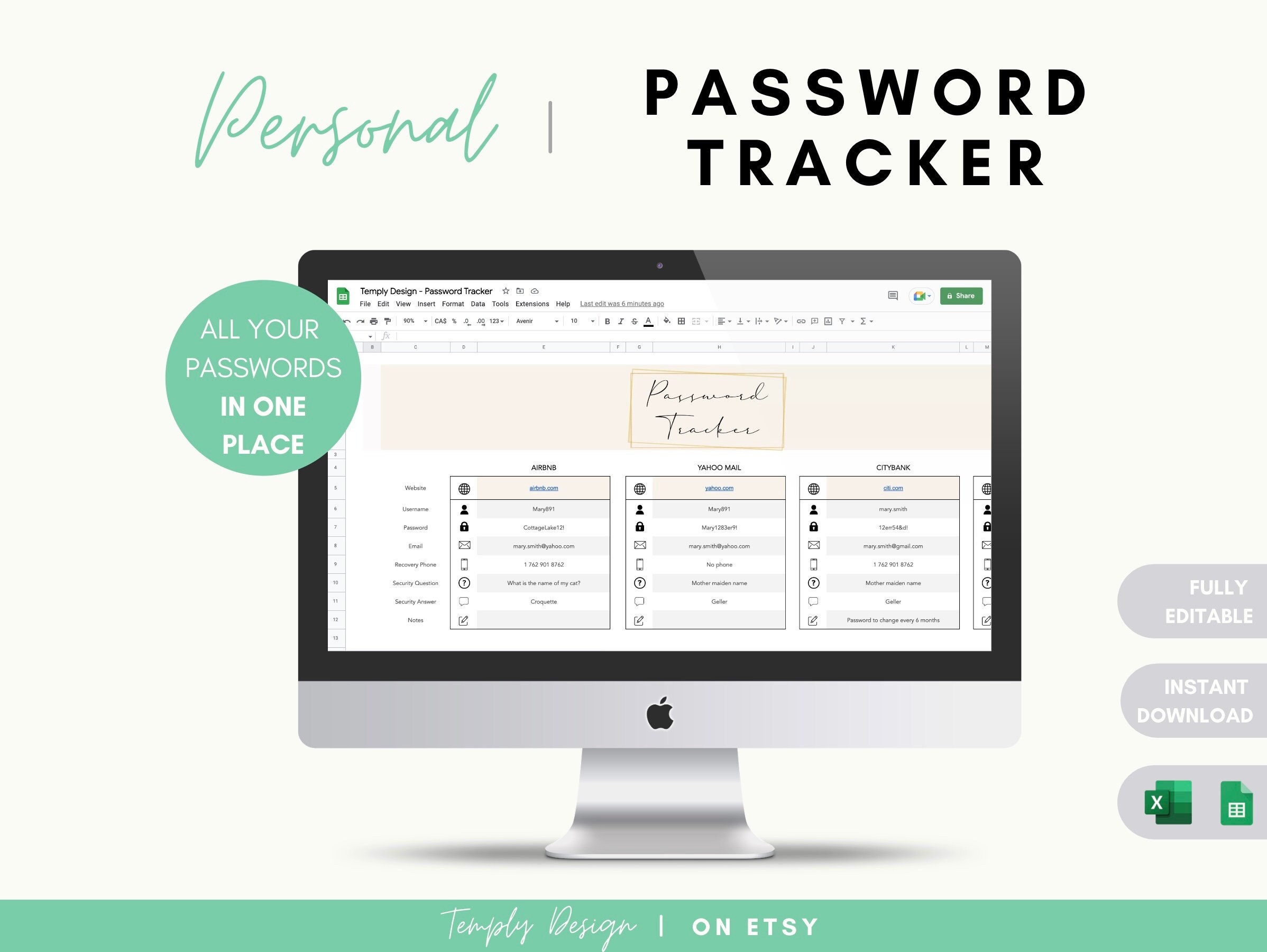 Password Tracker Spreadsheet Password Managers Login Info - Etsy